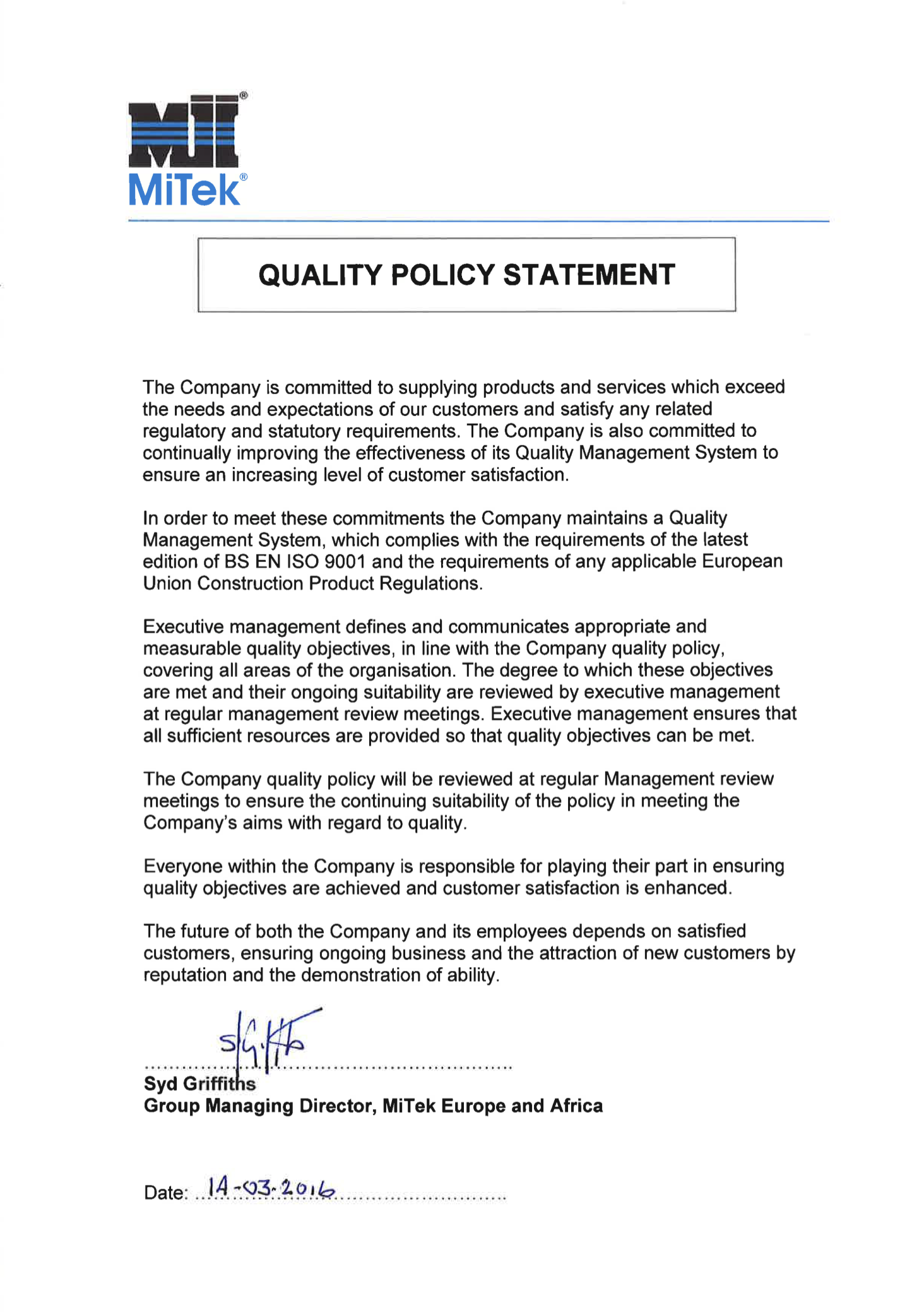Quality Policy Statement March 2016 MiTek Poland