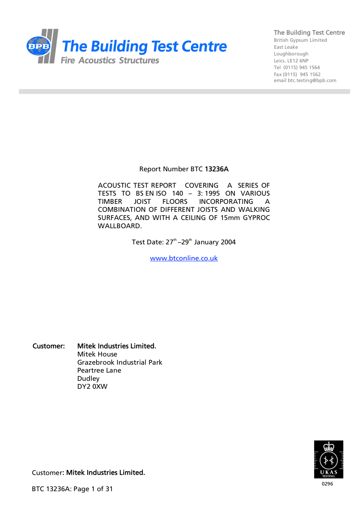 Posi-Joist Acoustic Test Report - MiTek UK and Ireland
